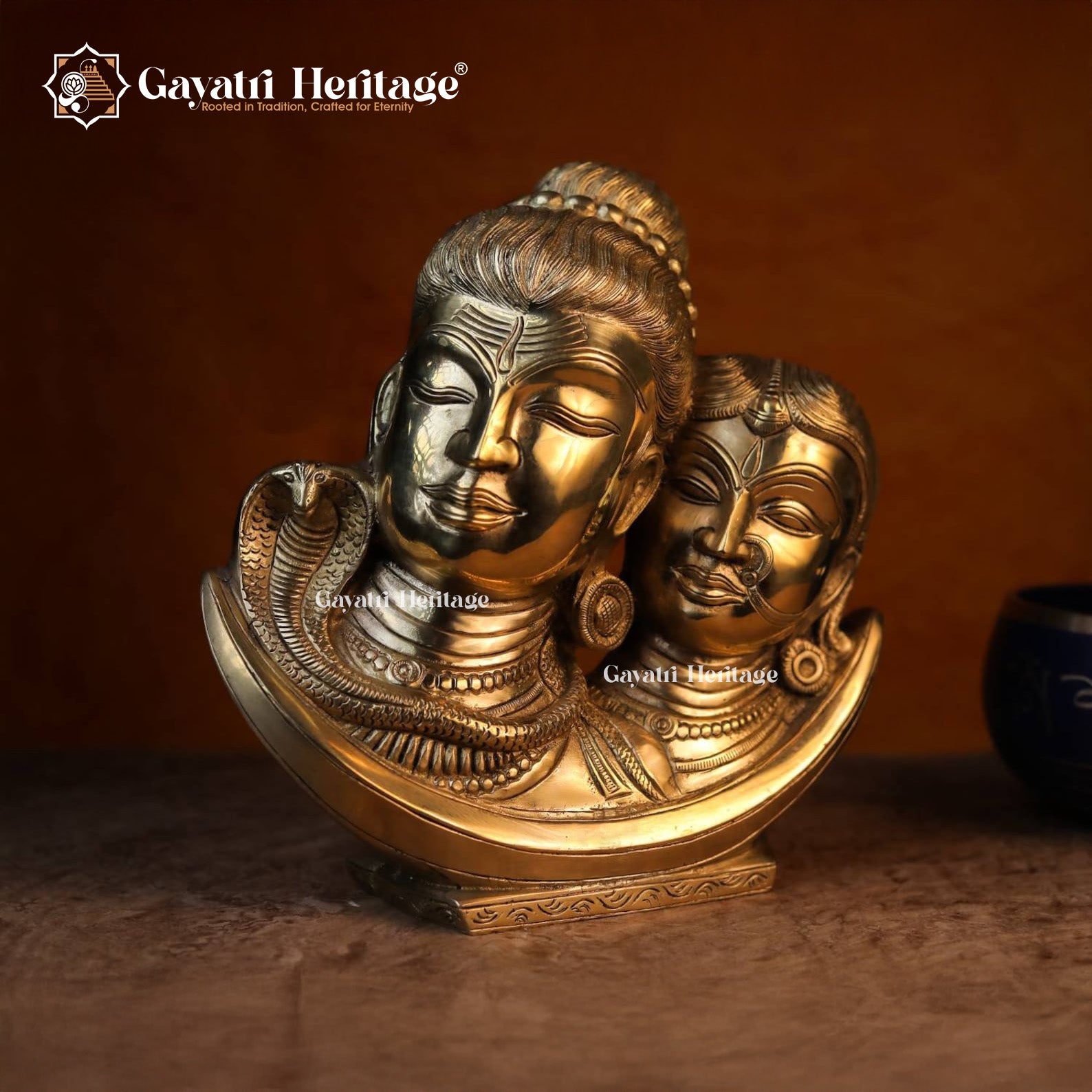 Brass Shiva Parvati Face on Crystal Moon – Sacred Celestial Display ...