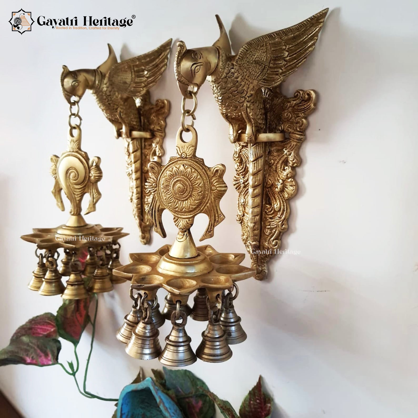 Brass Wall Hanging Parrot – Shankh Chakra Diya Decor – Gayatri Heritage